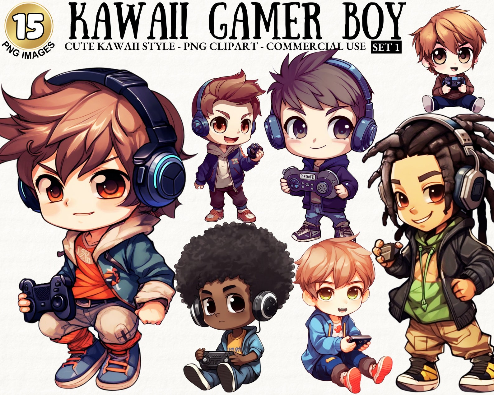 Cute Kawaii Gamer Boy Video Game Player Clipart Chibi Bundle Free ...