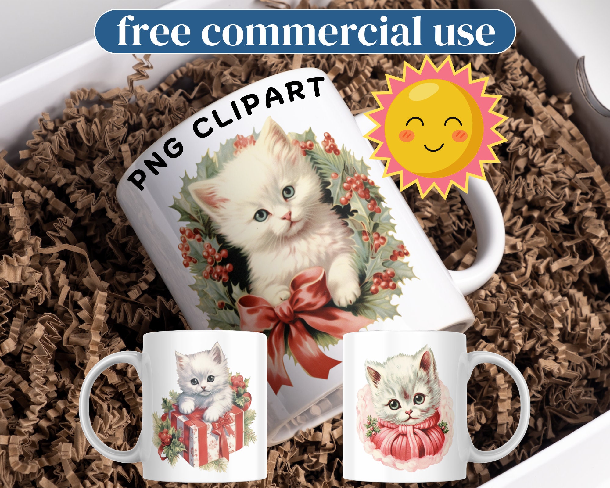 Vintage Watercolor Christmas Kitten Clipart Vintage Christmas Cat PNG ...