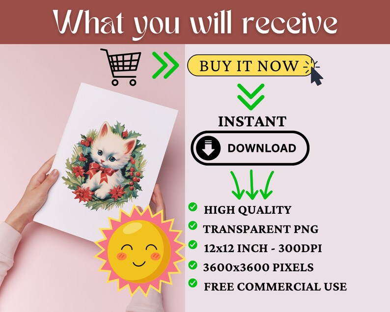 Vintage Watercolor Christmas Kitten Clipart Vintage Christmas Cat PNG ...