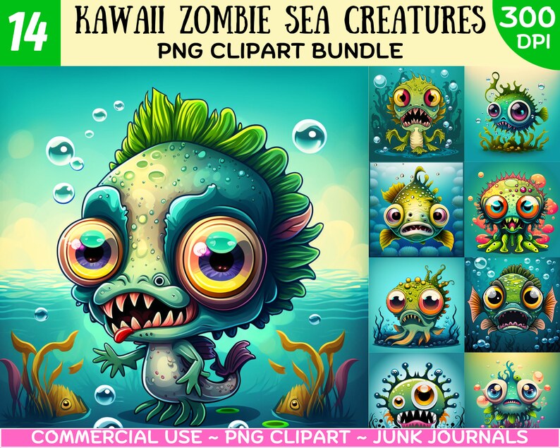 Cute Kawaii Zombie Sea Creatures PNG Clipart Bright Chibi - Etsy