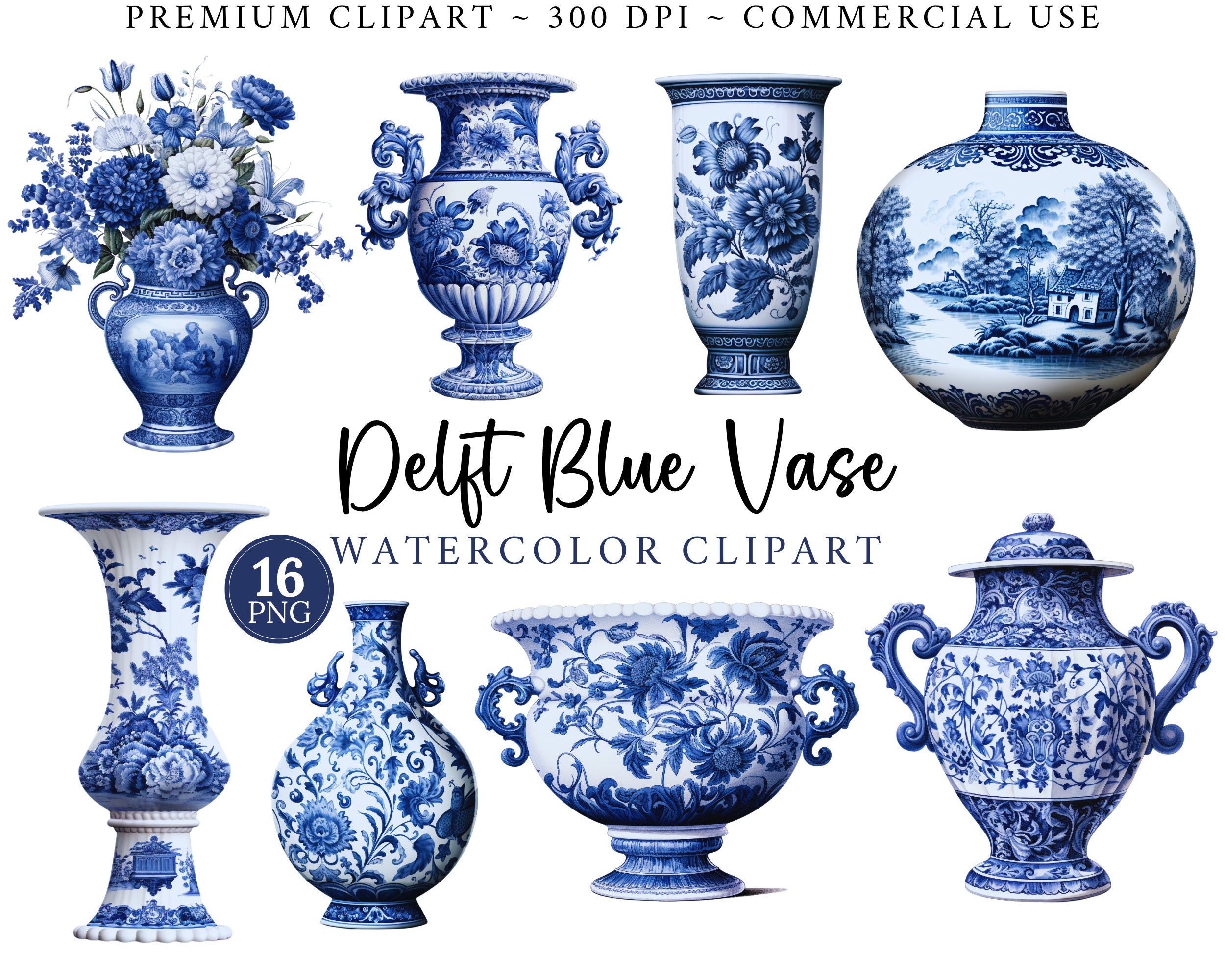Chinoiserie Vase Flower, Ginger Jar Clipart Watercolor Graphics Bundle ...