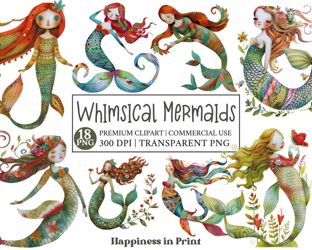 Whimsical Mermaid Clipart, Mixed Media Quirky Mermaid CU Clip Art ...