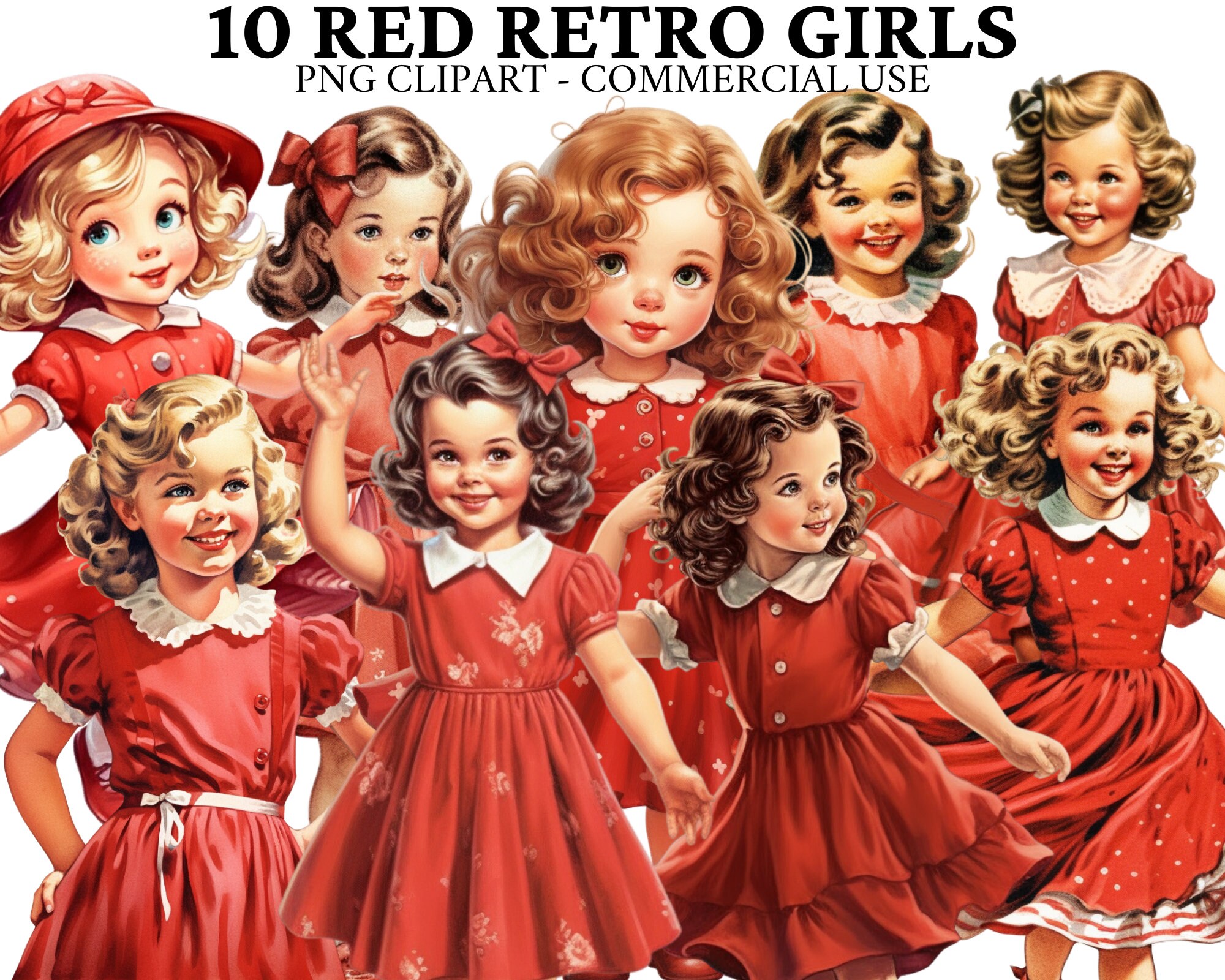 Vintage Red Retro Girl Clipart PNG Red Girl Vintage Art Pink Scrapbook ...