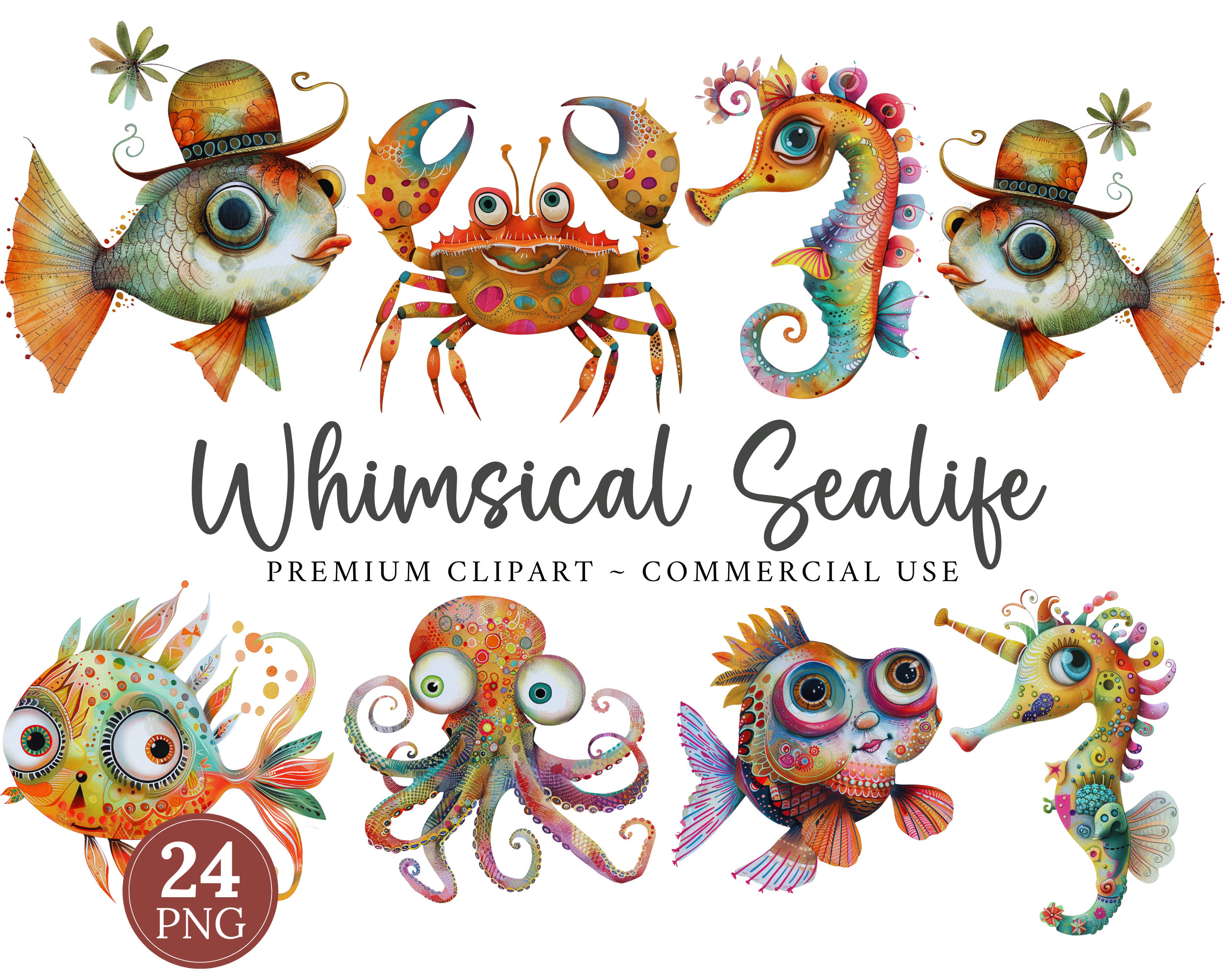 Whimsical Sea Animas Clipart, Mixed Media Fish CU Clip Art, Sea Animal ...