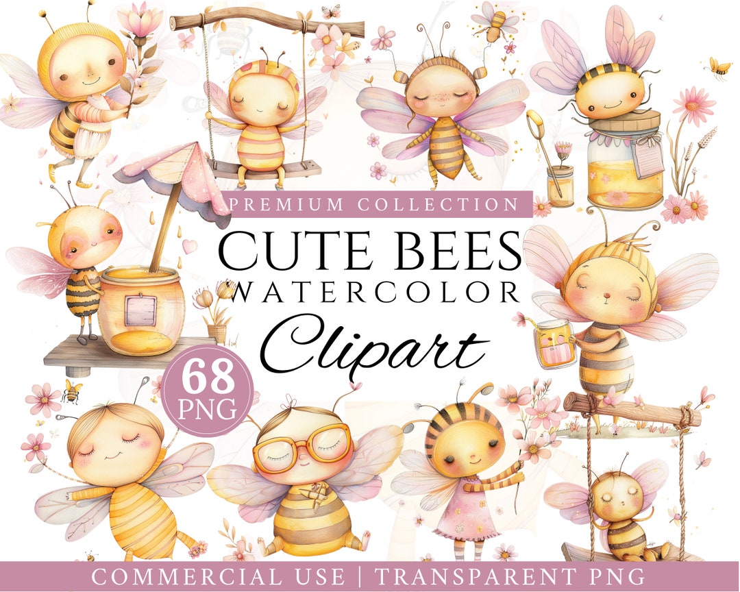 Watercolor Cute Bee Clipart Bees Clip Art Cute Animals Pastel Pink Bee ...