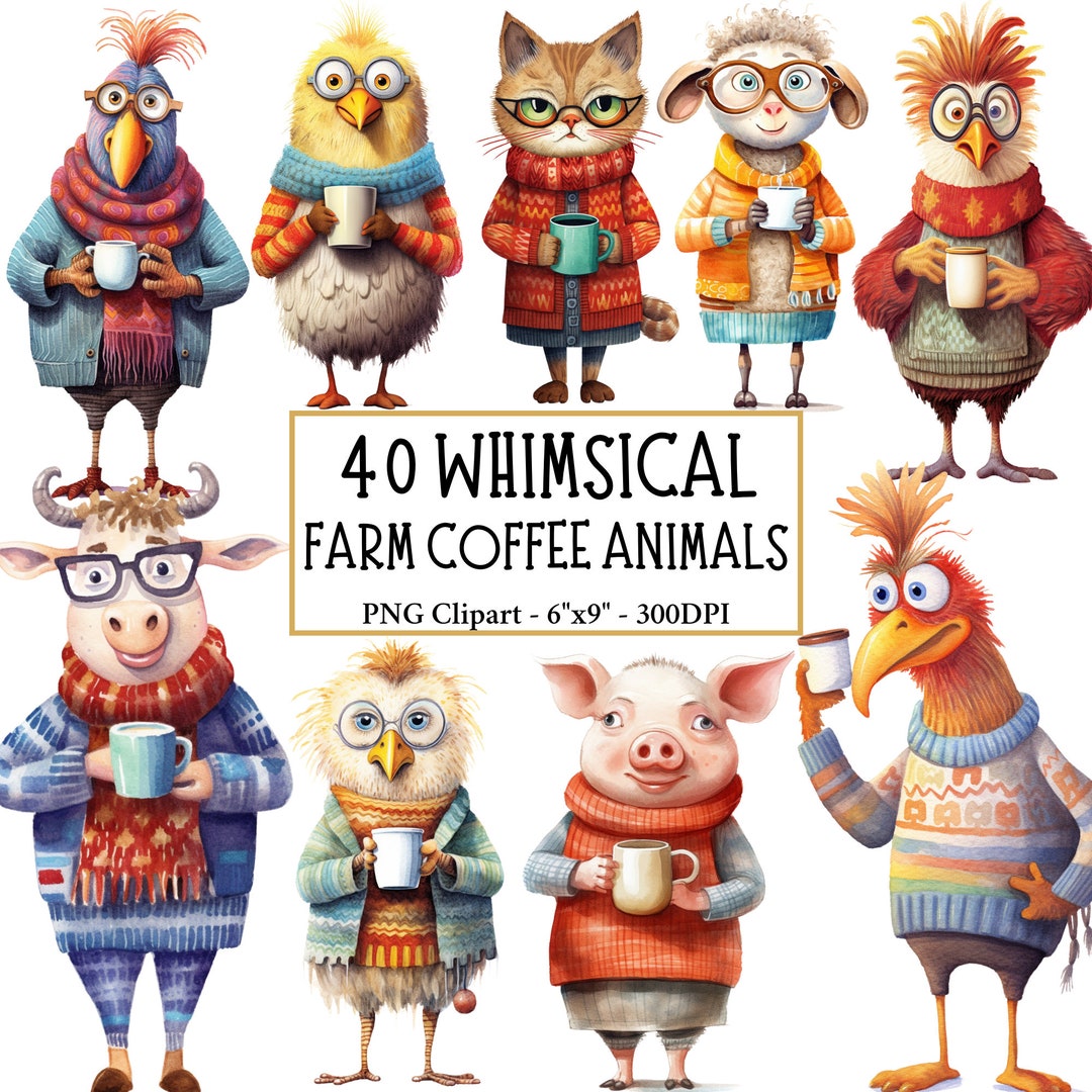 Whimsical Farm Coffee Animals Clipart Mixed Media Quirky Animals CU ...