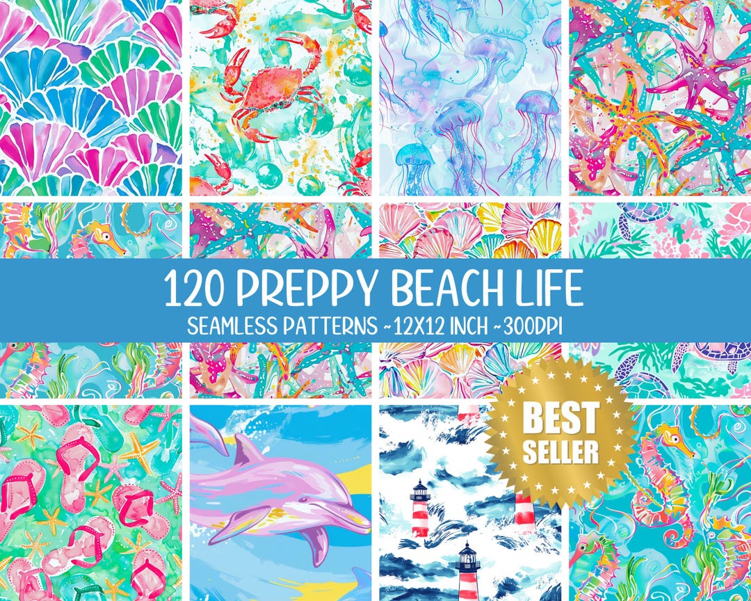 120 Preppy Sea Life Mermaid Coral Lighthouse Repeating Pattern ...