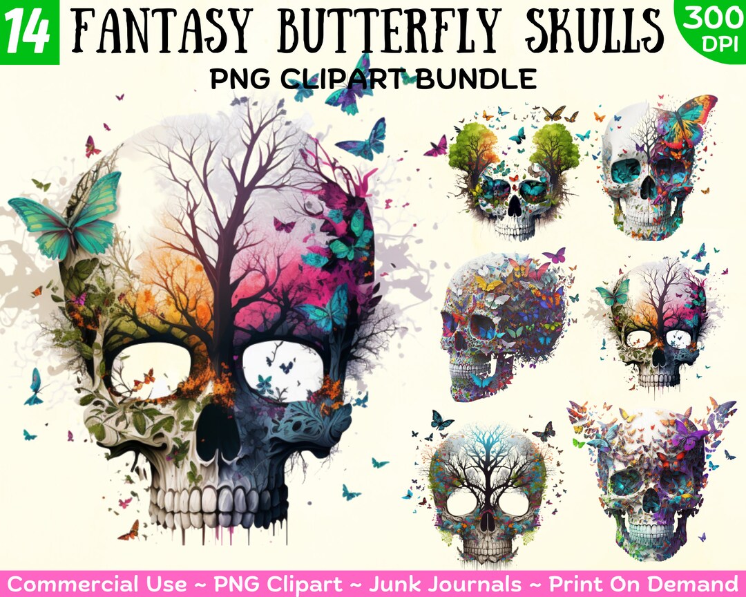 14 Fantasy Horror Butterfly Skulls and Mystical Skull Trees Clipart ...