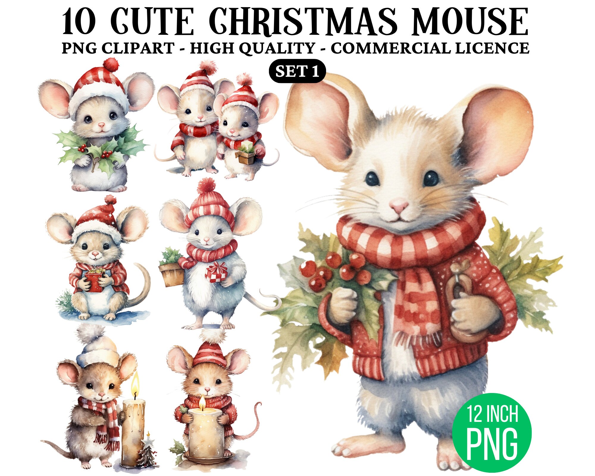 Watercolor Christmas Mouse Clipart Bundle Christmas Clipart Mouse ...