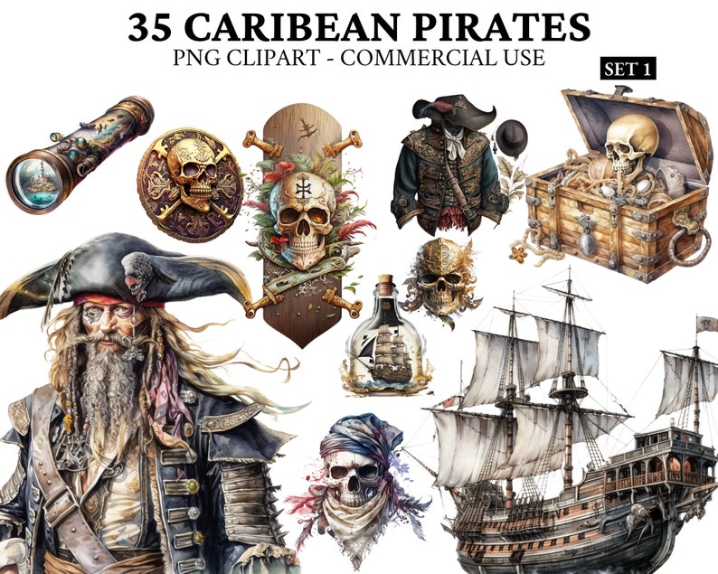 Watercolor Fantasy Pirate Clipart PNG Watercolor Pirate Scrapbook Junk ...