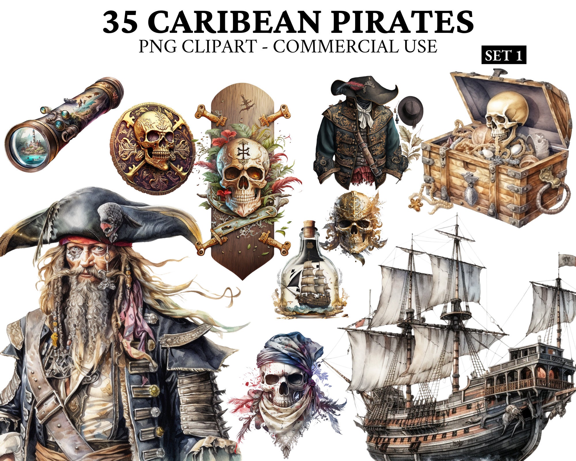 Watercolor Fantasy Pirate Clipart PNG Watercolor Pirate Scrapbook Junk ...