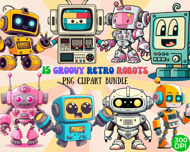 15 Groovy Retro Robots Clipart Bundle Cute Robot Sticker PNG Bundle ...