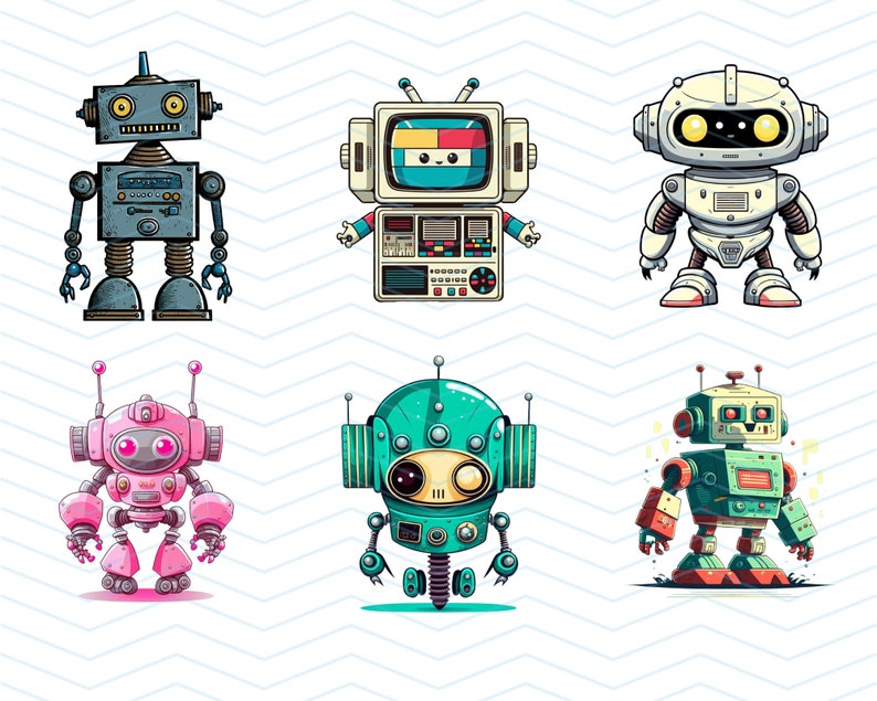 15 Groovy Retro Robots Clipart Bundle Cute Robot Sticker PNG Bundle ...