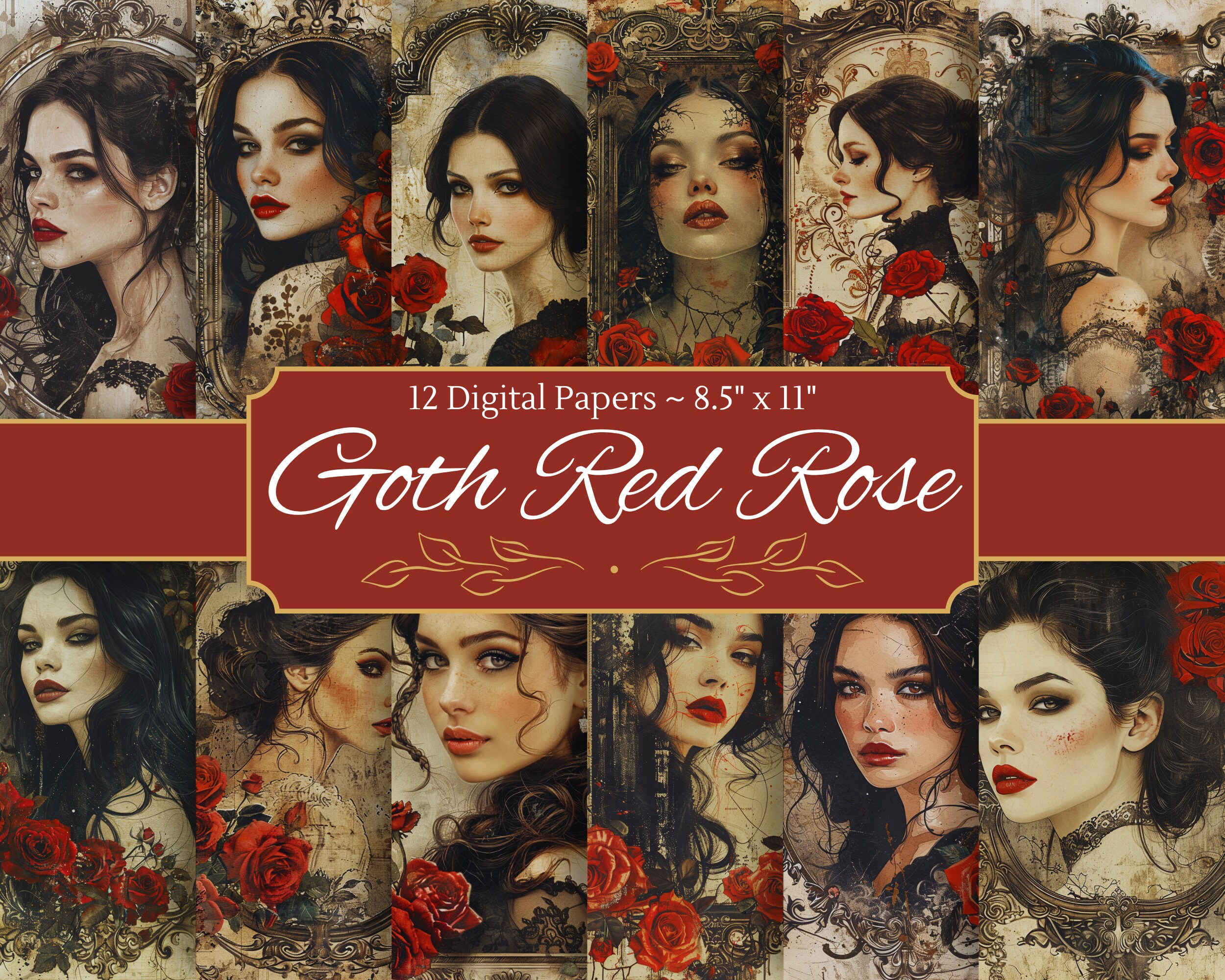 Vintage Goth Rose Tattered Red Digital Paper Red Journal Rose Junk ...
