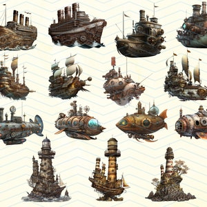 Steampunk Ships Boats Submarines PNG Clipart Bundle Steampunk Boats ...