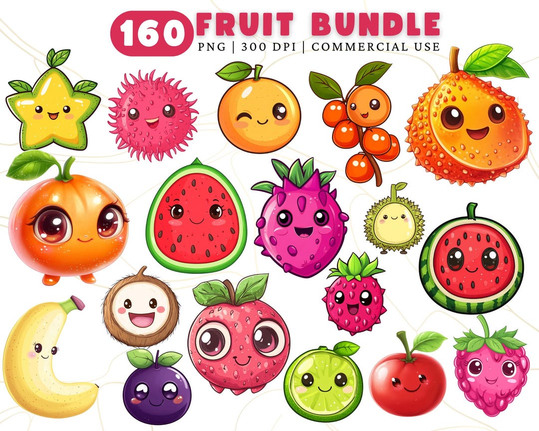 Kawaii Clipart Bundle - 160 Cute Kawaii PNG Clipart Set, Kawaii Food ...
