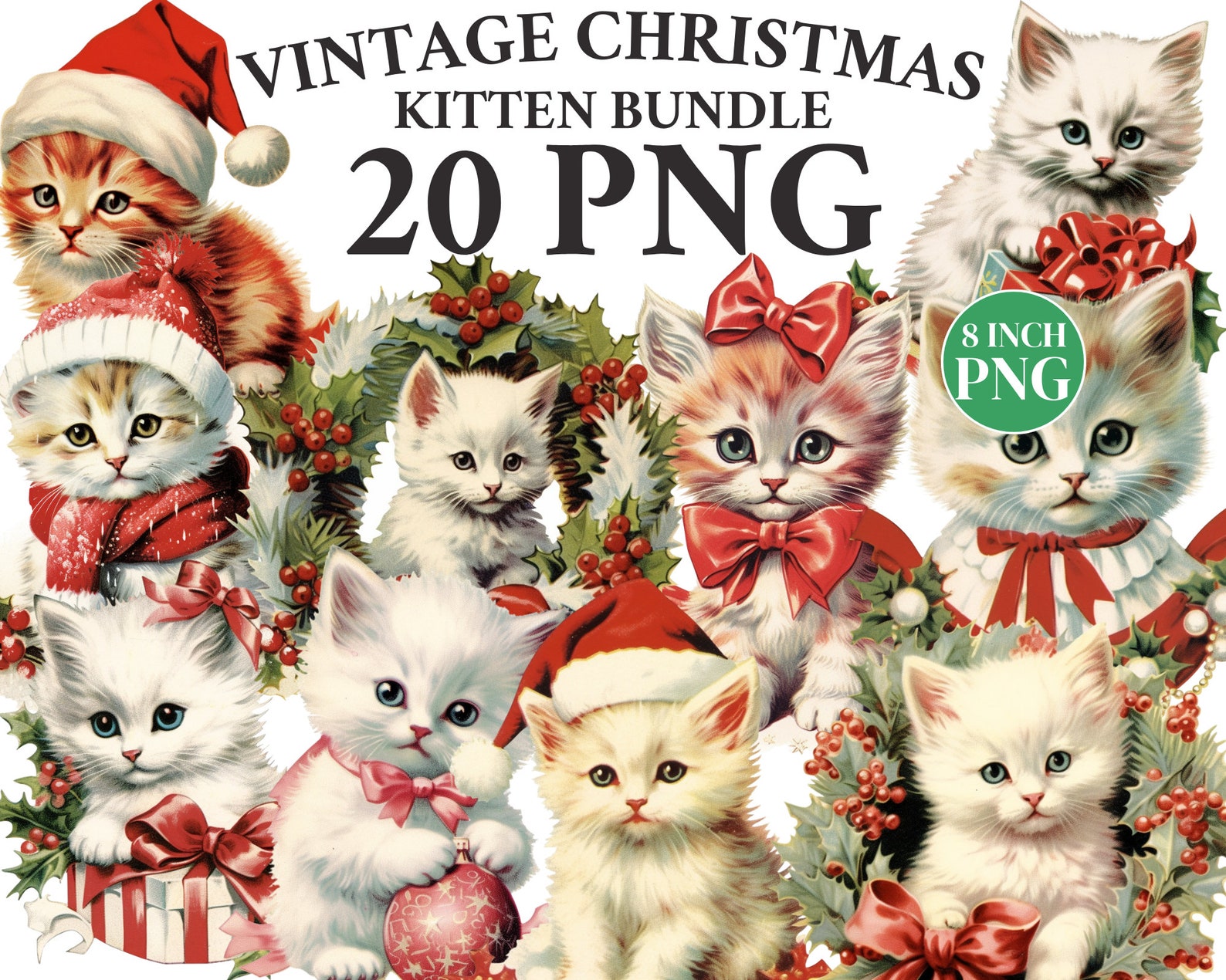 Vintage Watercolor Christmas Kitten Clipart Vintage Christmas Cat PNG ...