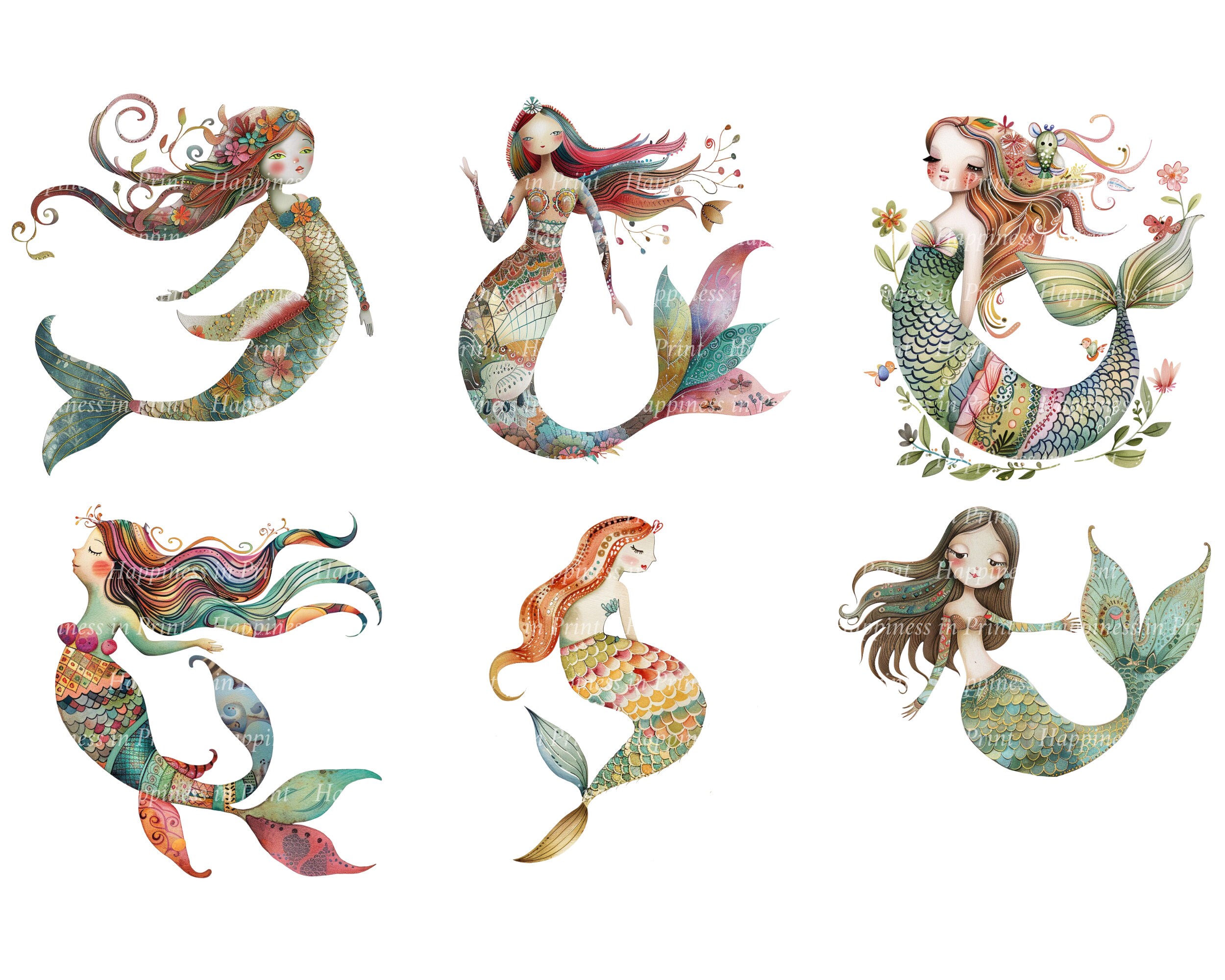 Whimsical Mermaid Clipart, Mixed Media Quirky Mermaid CU Clip Art ...