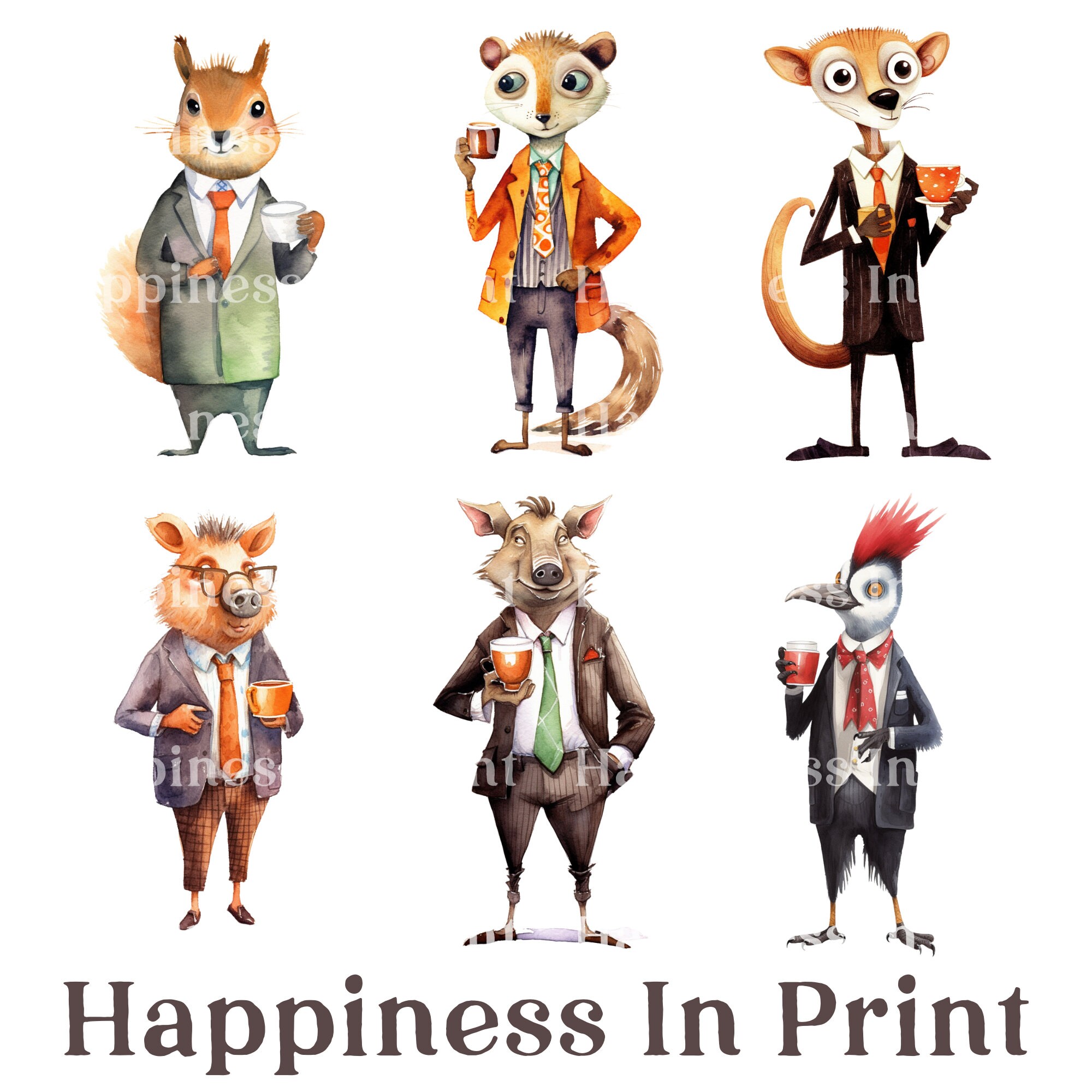 Whimsical Forest Coffee Animals in Suits Clipart Animal Quirky Animals ...