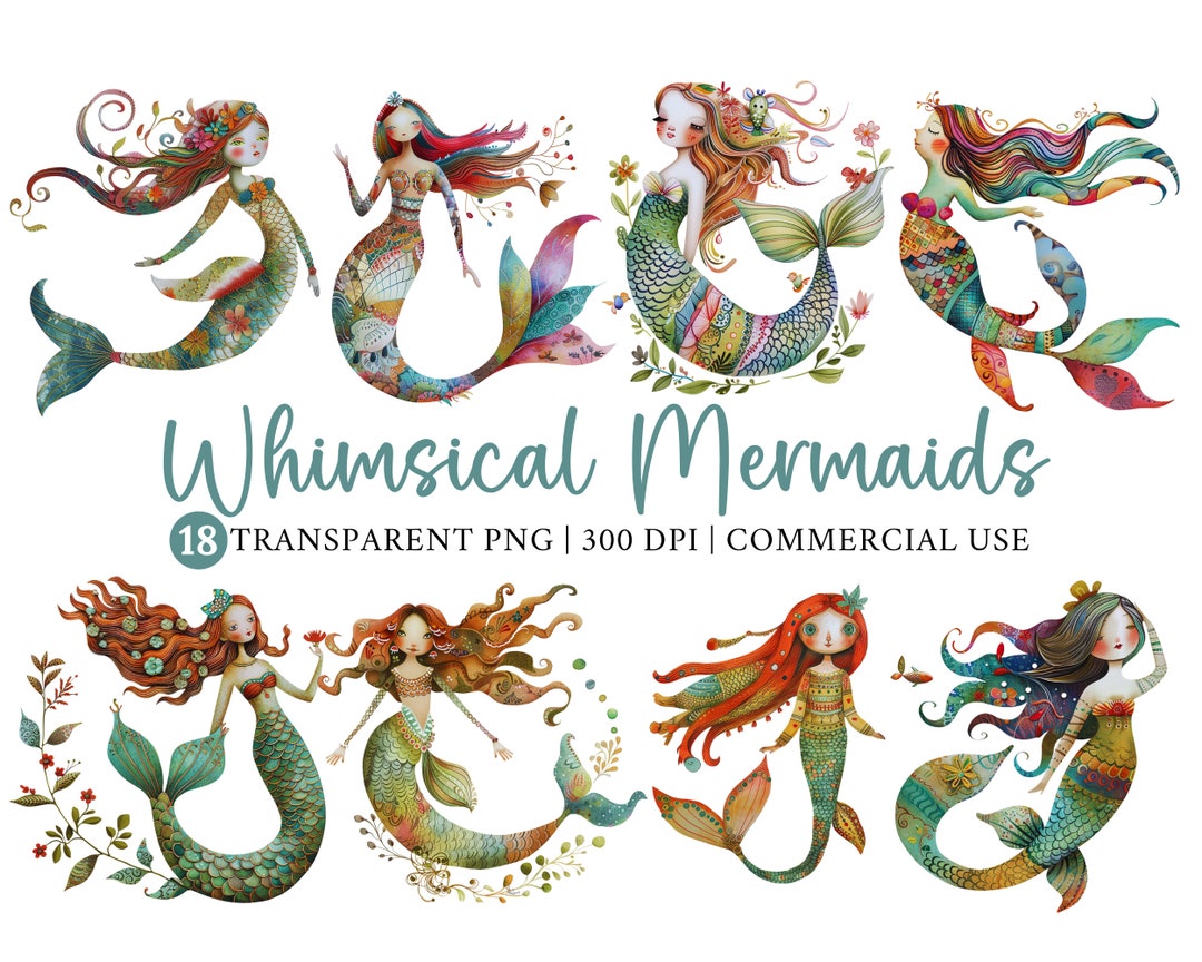 Whimsical Mermaid Clipart, Mixed Media Quirky Mermaid CU Clip Art ...