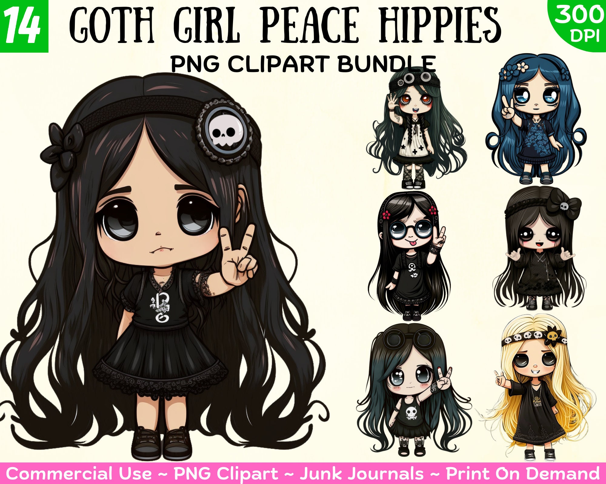 Cute Kawaii Goth Girl Peace Sign Hippy Clipart Chibi Bundle Free ...