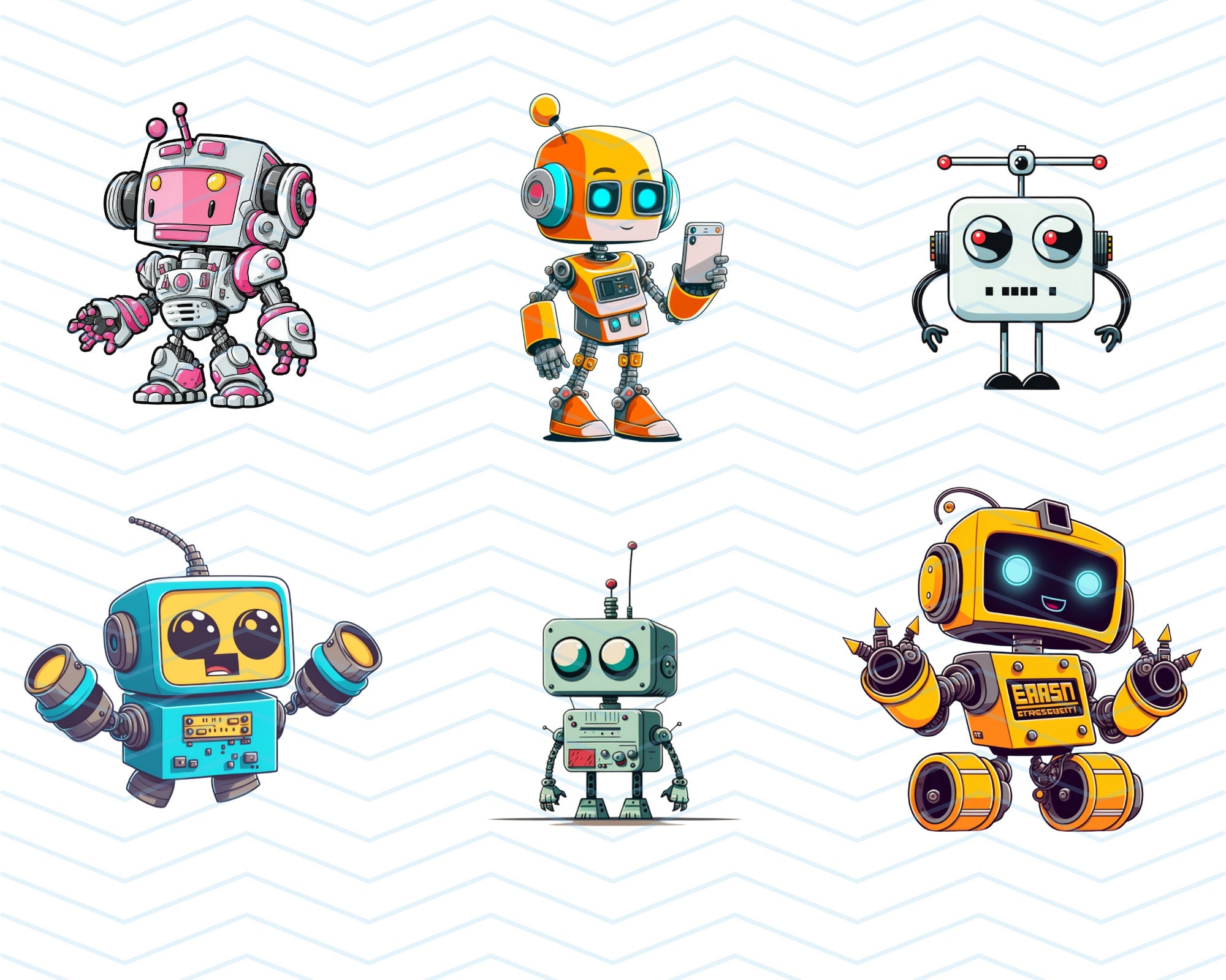 15 Groovy Retro Robots Clipart Bundle Cute Robot Sticker PNG Bundle ...