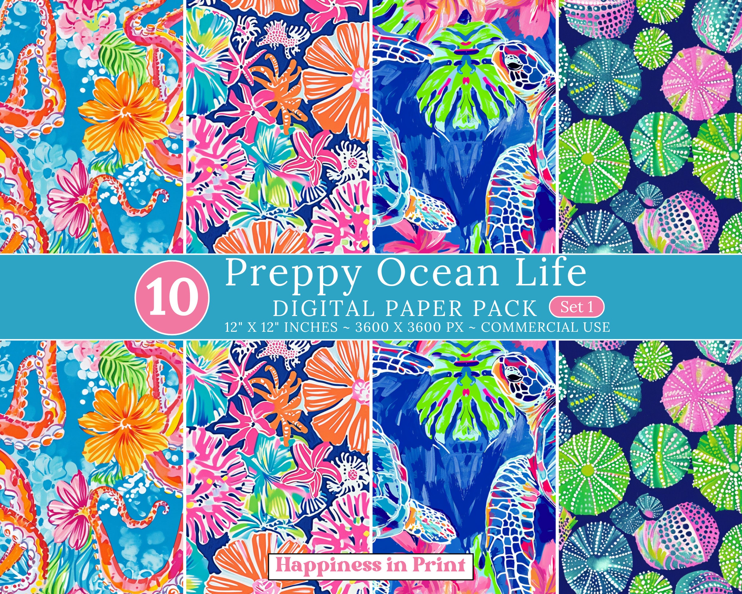 Preppy Sea Life Pack Digital Paper Seamless Pattern Printable Scrapbook ...