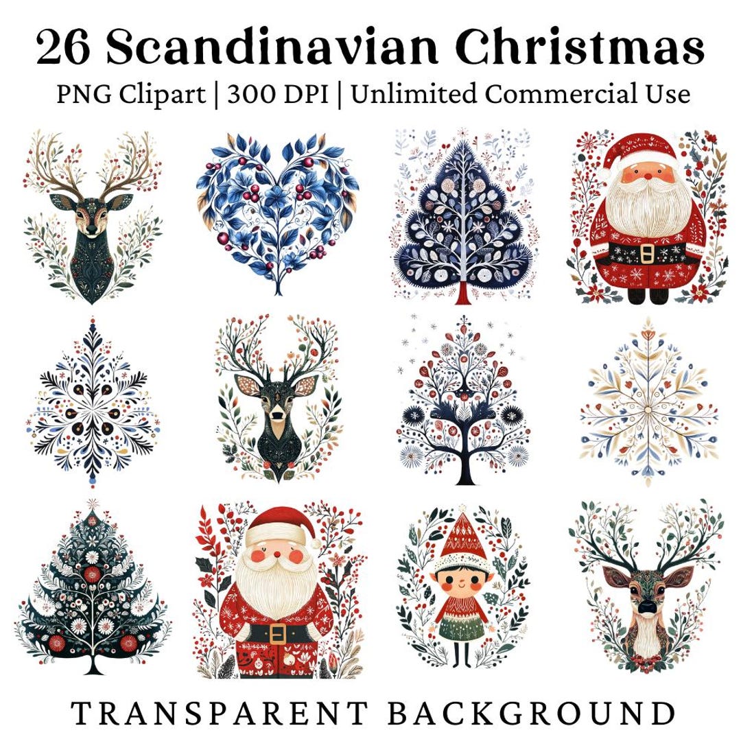 Scandinavian Folk Art Christmas Clipart | Nordic Holiday Prints Home ...