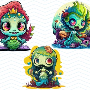 Zombie Little Mermaid Clipart Kawaii Scary Fish Mermaid PNG Rainbow ...