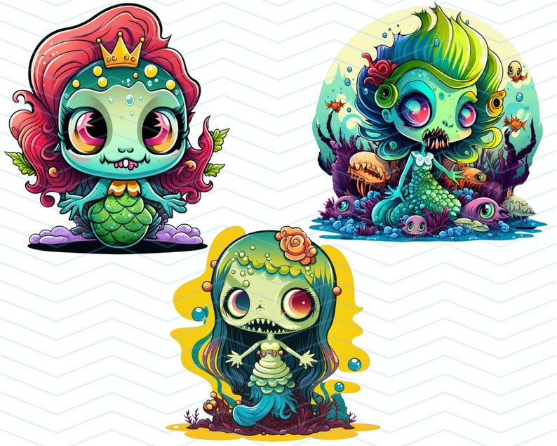 Zombie Little Mermaid Clipart Kawaii Scary Fish Mermaid PNG Rainbow ...