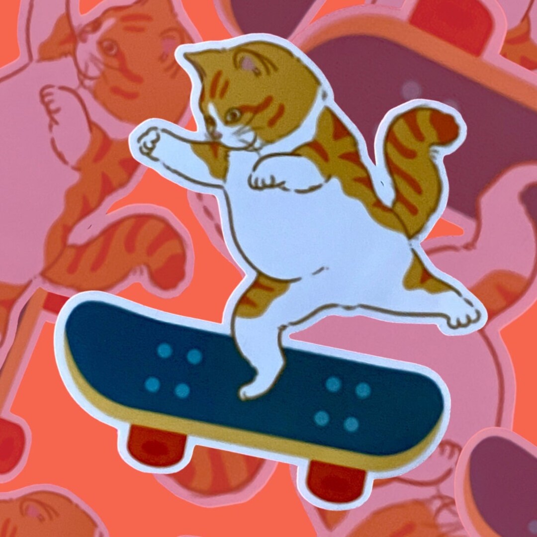 Skateboarding Cat Meme Sticker, Funny Cat Waterproof Vinyl Decal for ...