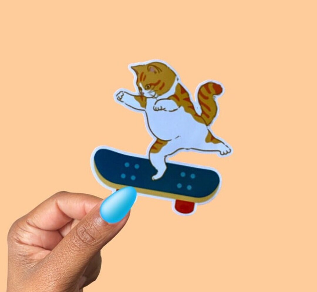 Skateboarding Cat Meme Sticker, Funny Cat Waterproof Vinyl Decal for ...