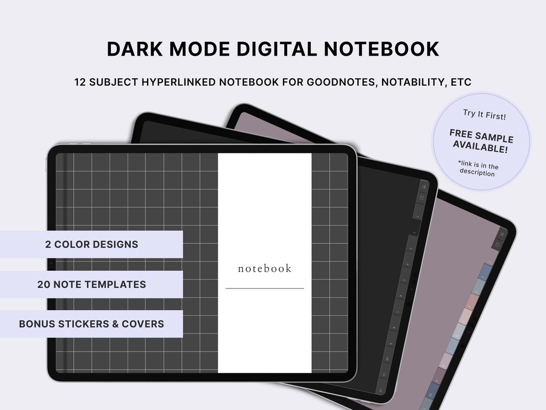 12 Hyperlinked Tabs Dark Mode Digital Notebook Horizontal/landscape ...