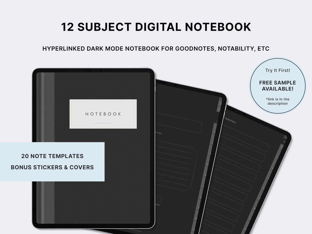 Dark Mode Digital Notebook, 12 Subject Digital Notebook for Goodnotes ...