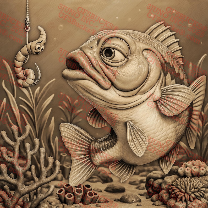 3D Illusion Funny Bass PNG – Cartoon Fish and Worm – Laser Engraving ...