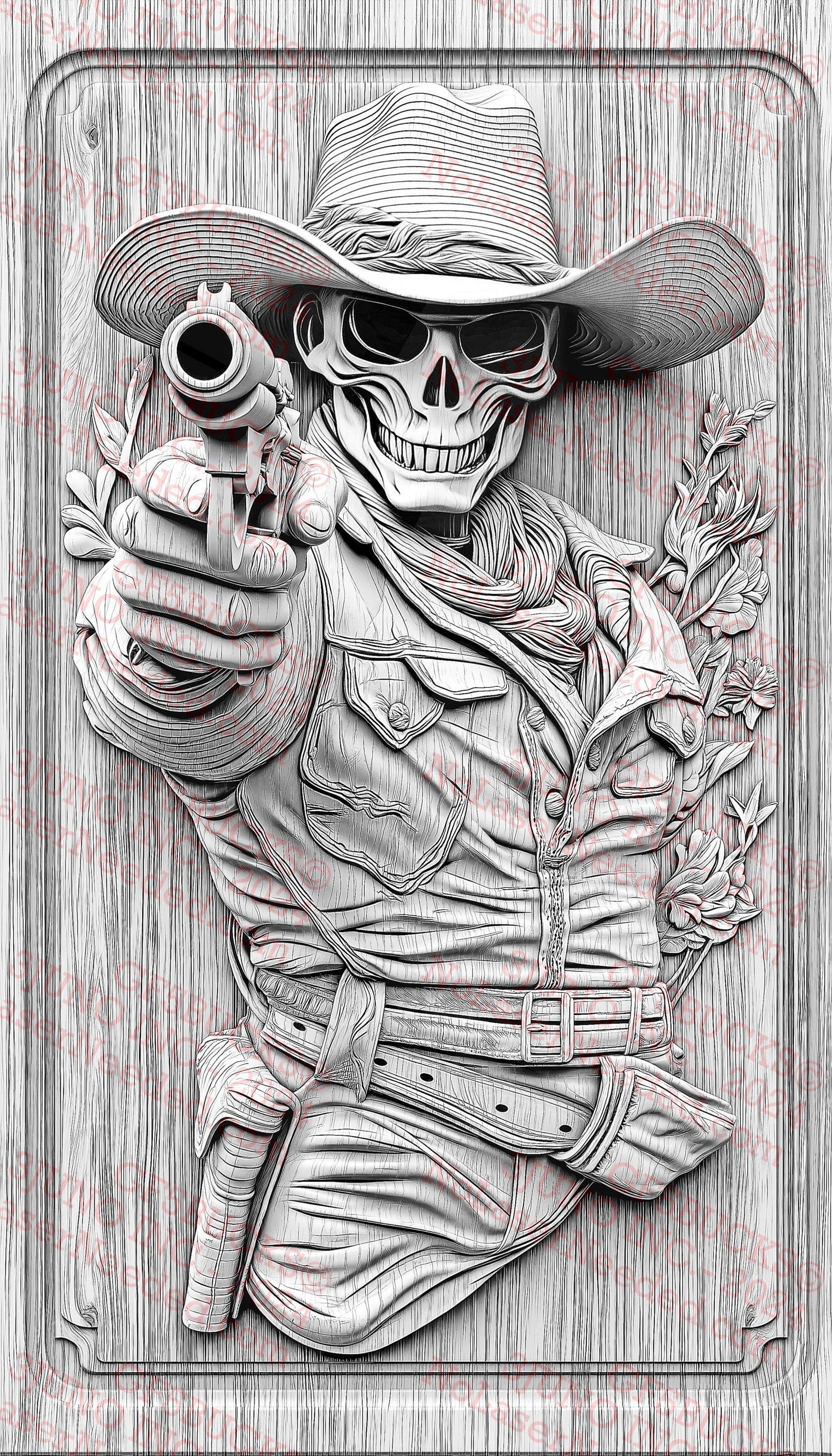 3D Illusion Skeleton Cowboy Art, Western Skull Sculpture, Cowboy Wall ...