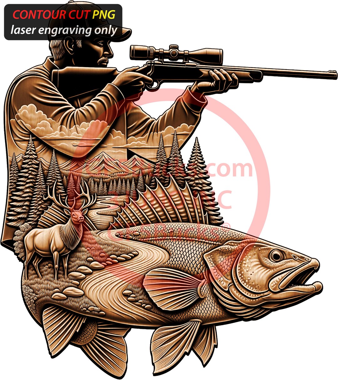 3D Illusion Hunter Walleye Design Art for Laser Engraving | PNG Digital ...