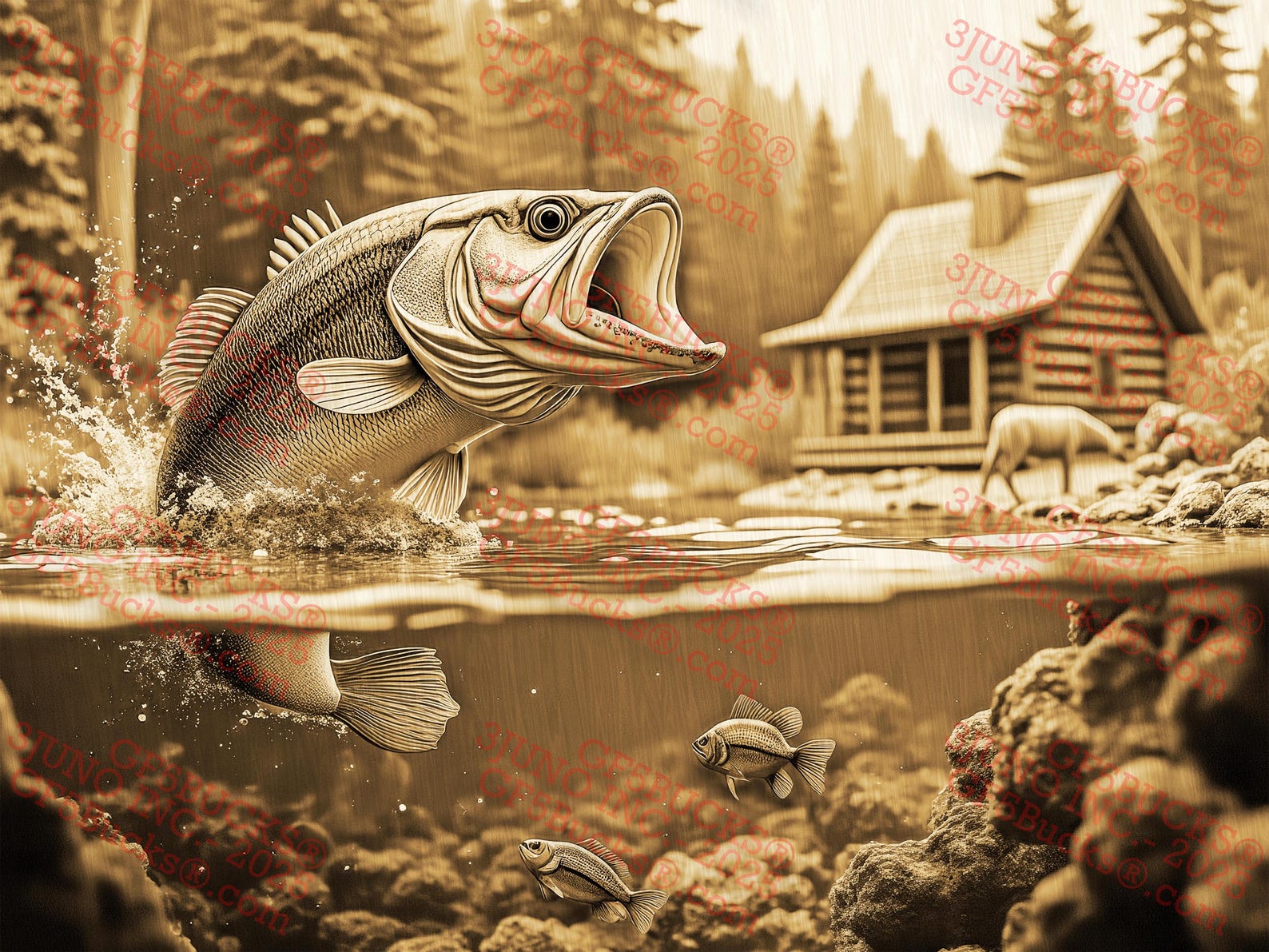 3D Illusion Largemouth Bass Jumping Scene for Laser Engraving Art L PNG ...