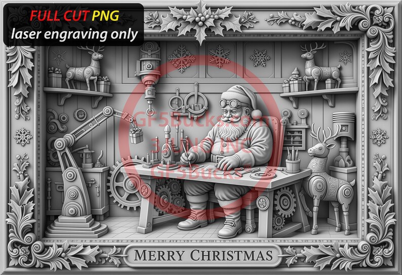 3D Illusion Santa Workshop Art for Laser Engraving | PNG Digital File ...