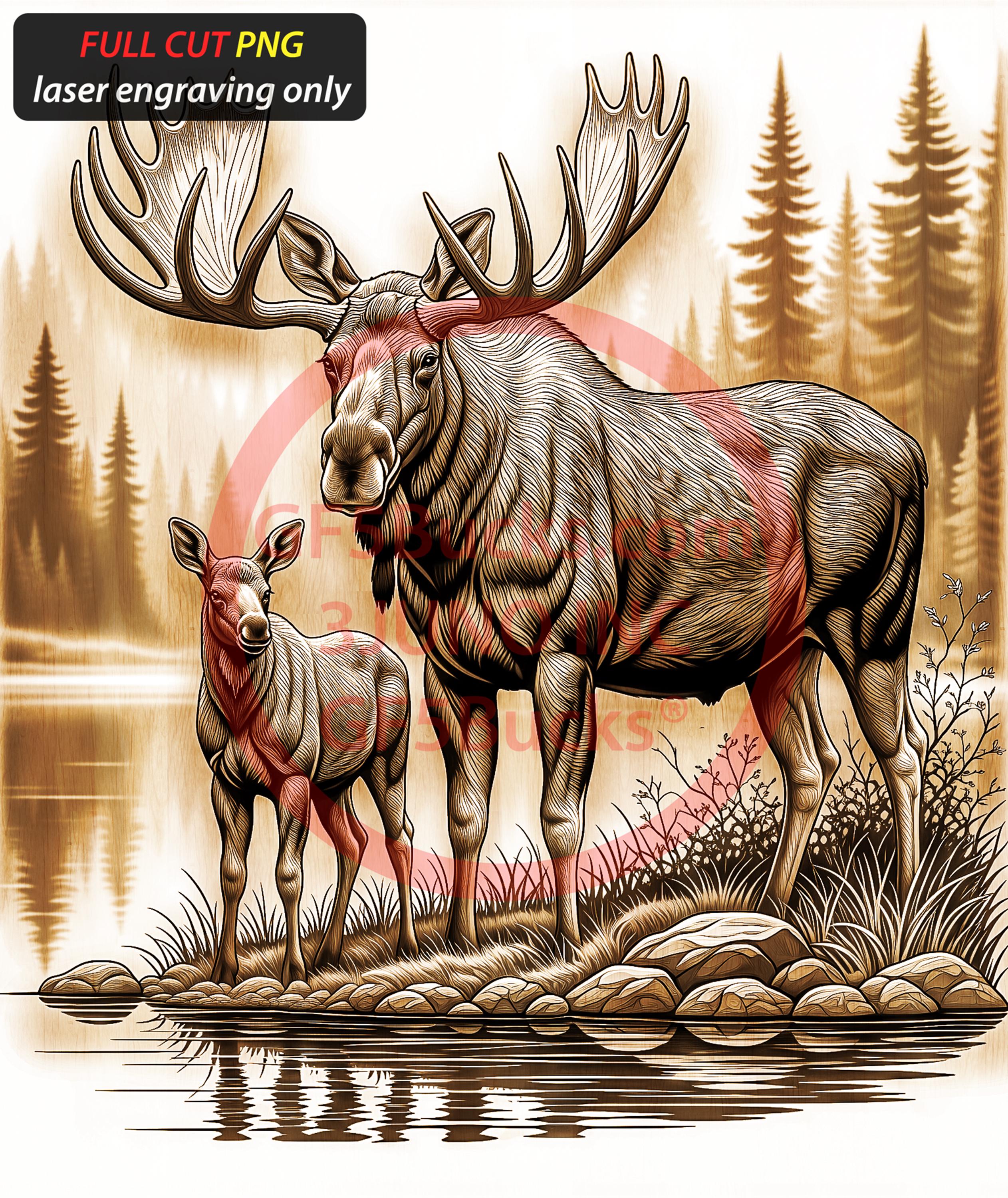 3D Illusion Moose and Calf Art for Laser Engraving | PNG Digital File ...
