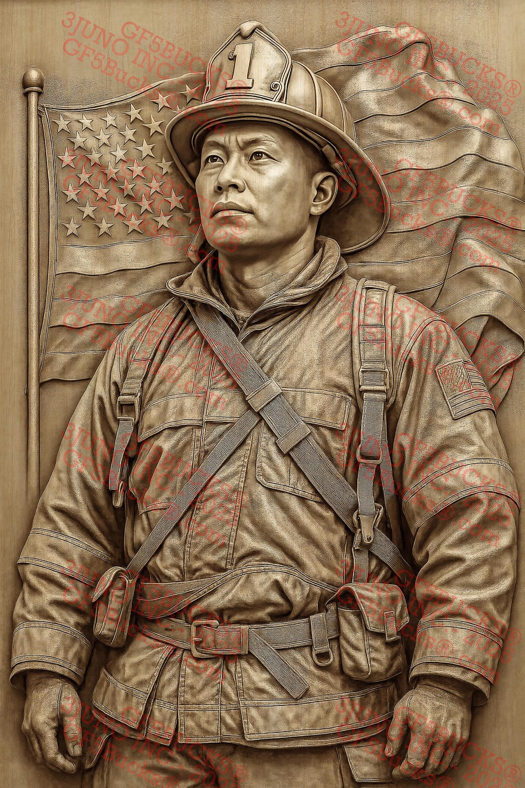 3D Illusion Firefighter Tribute PNG – Hero in Uniform With Flag – Laser ...