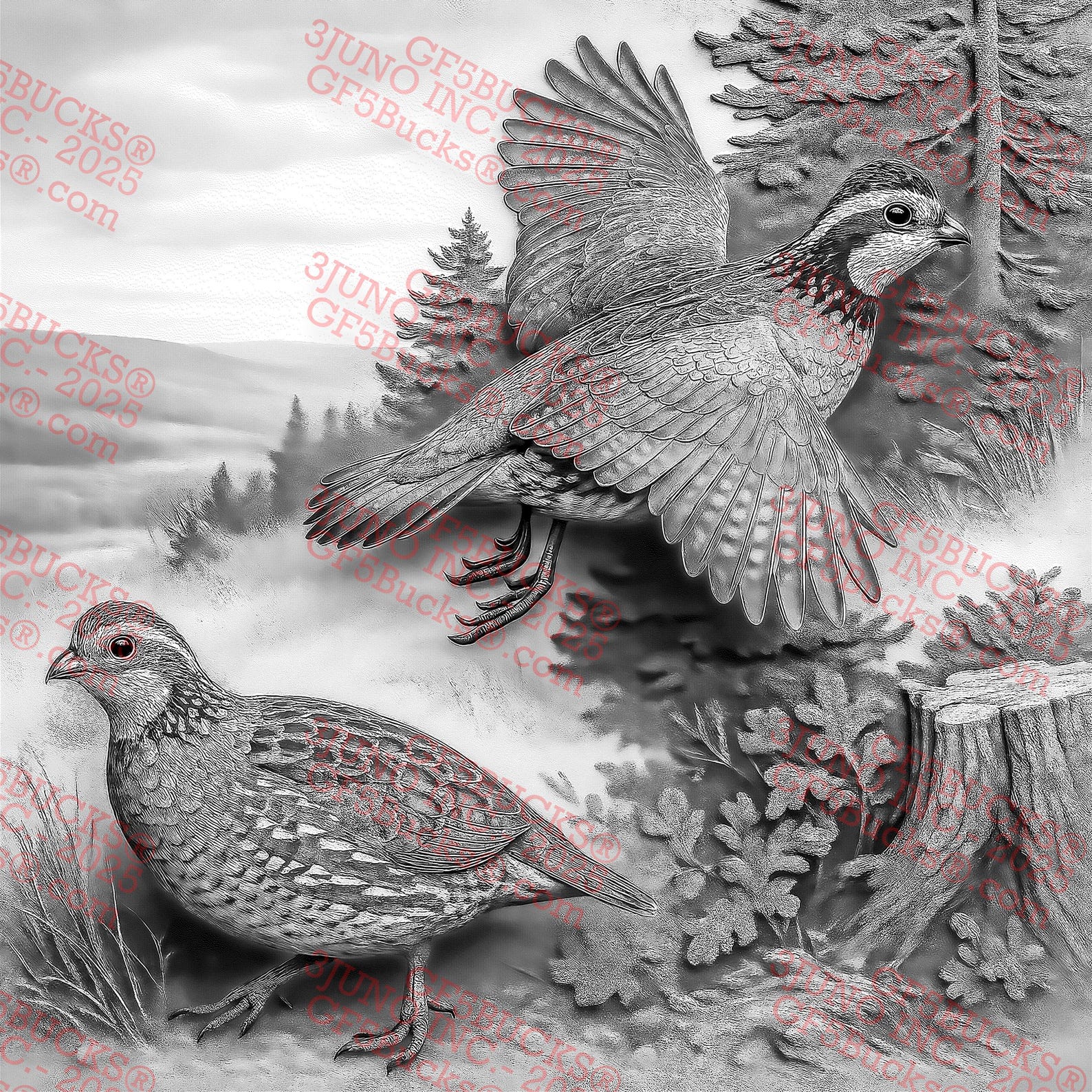 3D Illusion Rustic Quail PNG – Upland Bird Scene – Laser Engraving ...