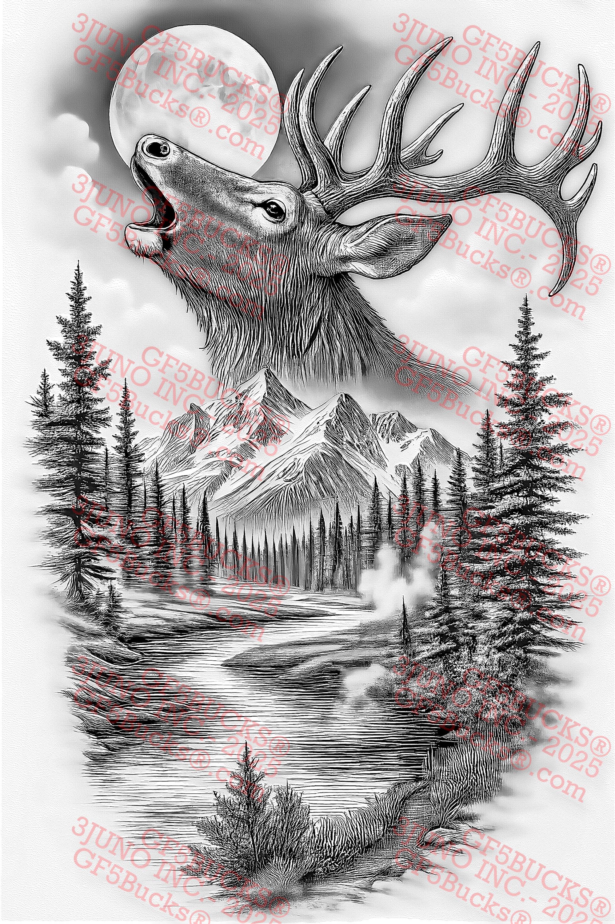3D Illusion Elk and Moon PNG – Mountain Wildlife River Scene – Laser ...