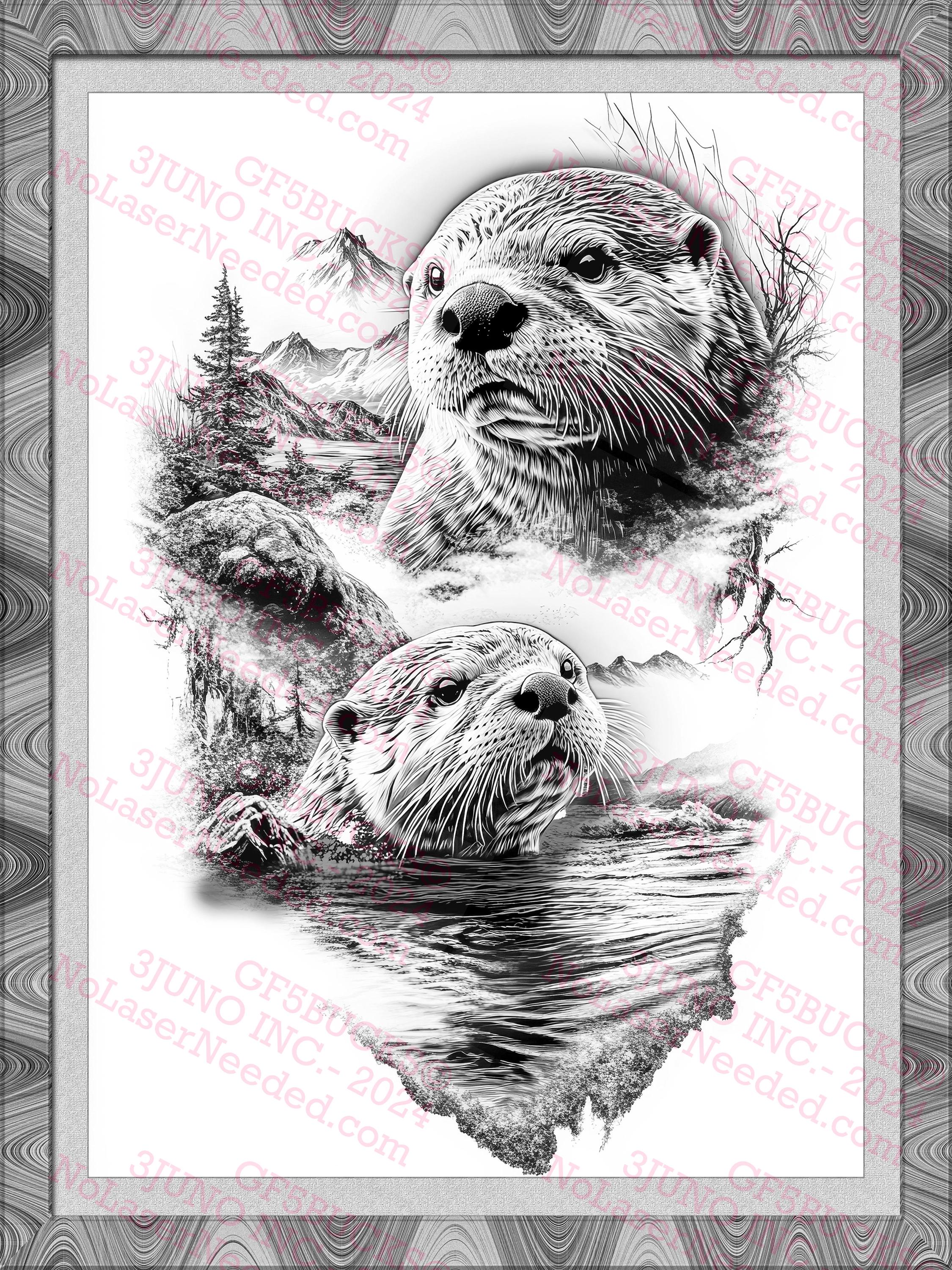 3D Illusion Otters Art | Detailed Wildlife PNG for Laser Engraving ...