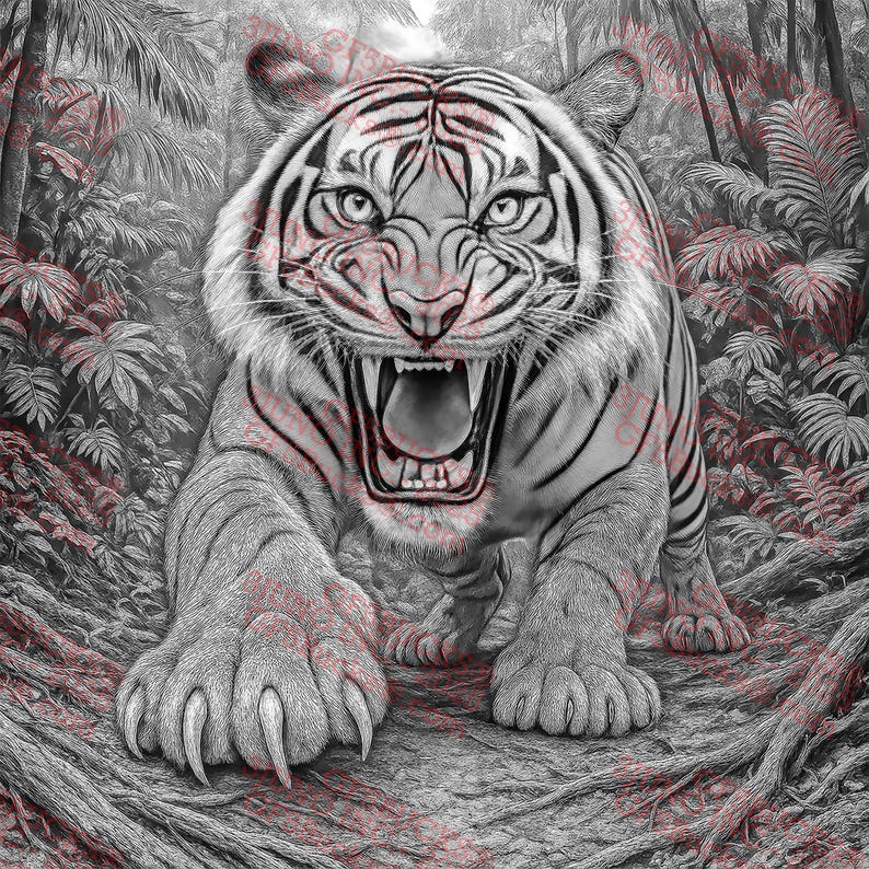 3D Illusion Tiger PNG for Laser Engraving – Roaring Jungle Predator ...