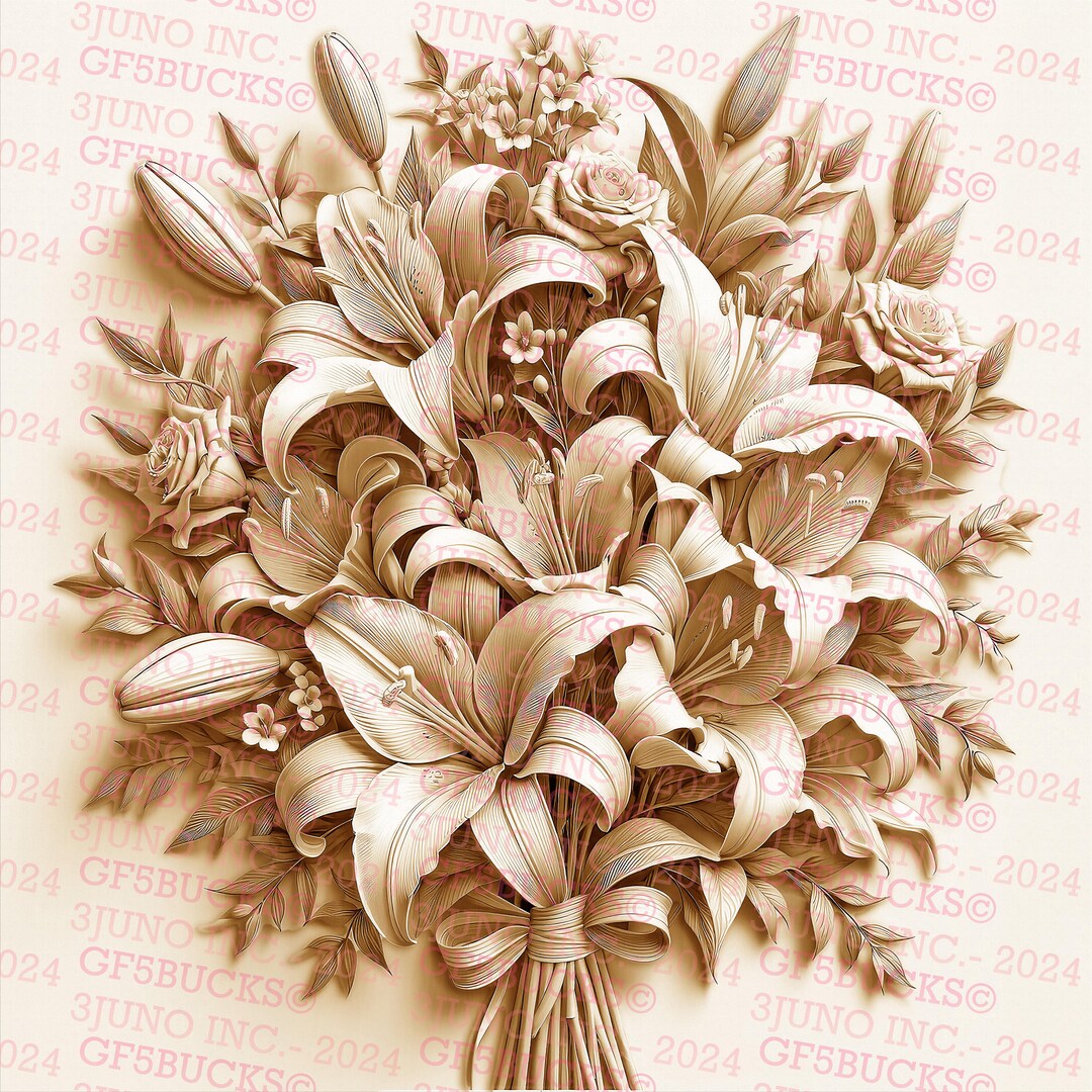 Lillies, Roses Flowers, Wedding Bouquet - Laser Burn PNG | 3D Illusion ...