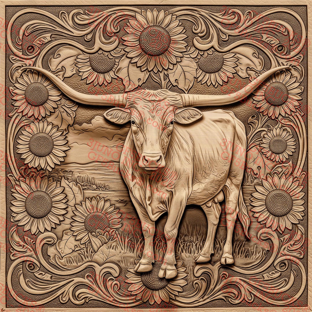Texas Longhorn Steer 3D Illusion Laser Engraving PNG, Western Sunflower Ranch Decor, Digital ...