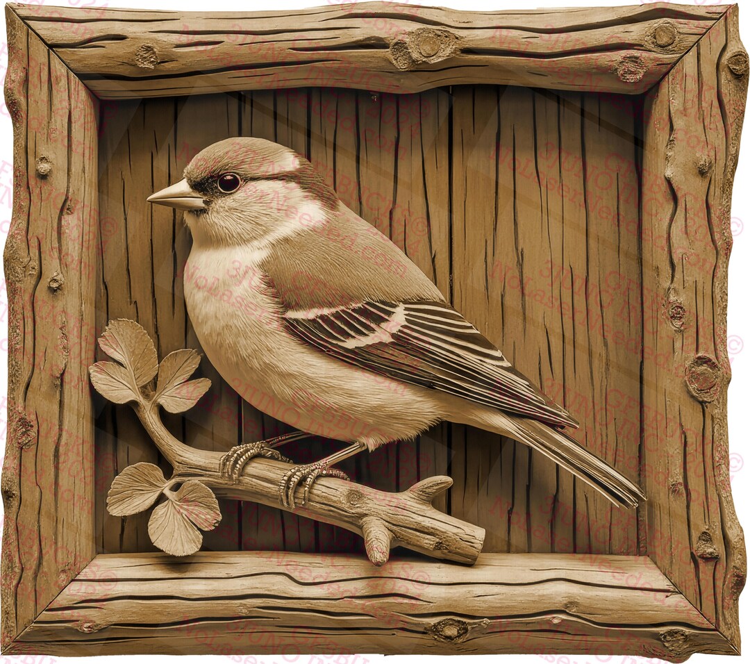 3D Illusion Art Finch Bird With Log Frame, Woodland Decor, Finely ...
