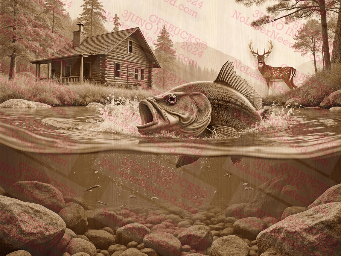 3D Illusion Largemouth Bass Jumping Scene for Laser Engraving Art L PNG ...
