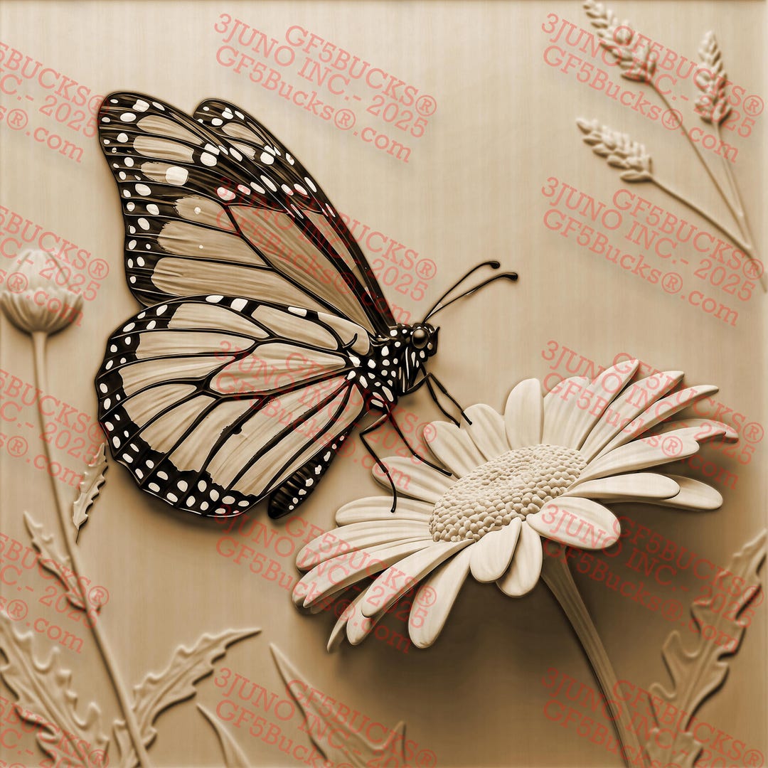 Monarch Butterfly on Flower 3D Illusion Laser Engraving PNG Digital ...